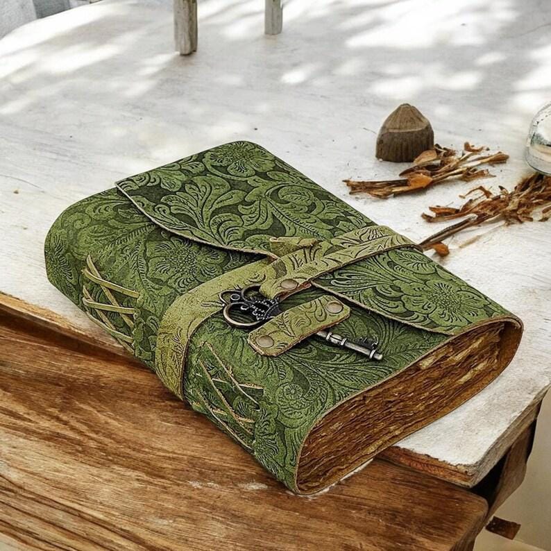 Handmade Green Floral Embossed Leather Journal – Vintage-style ...