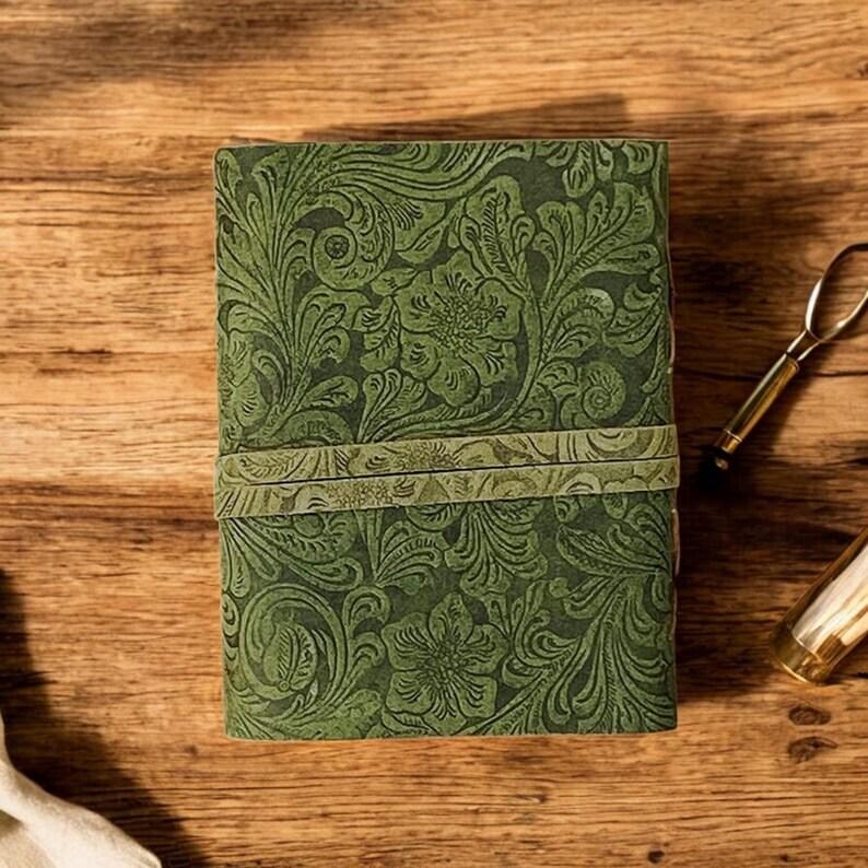 Handmade Green Floral Embossed Leather Journal – Vintage-style ...