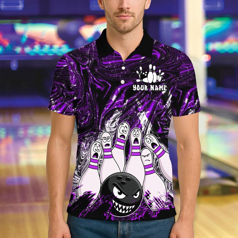 Custom Bowling Polo Shirt, Bowling Angry Ball Vs Screaming Pins Design ...