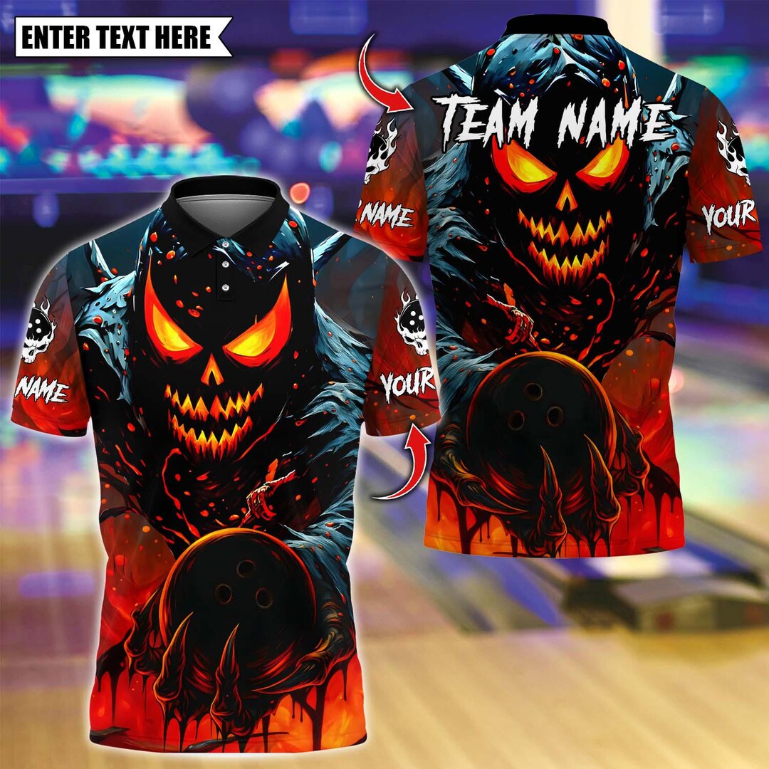 Custom Bowling Polo Shirt, Evil Pumpkin Demon With Bowling Design ...