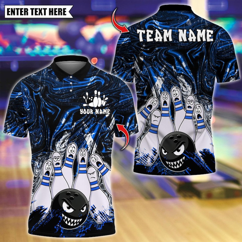 Custom Bowling Polo Shirt, Bowling Angry Ball Vs Screaming Pins Design ...