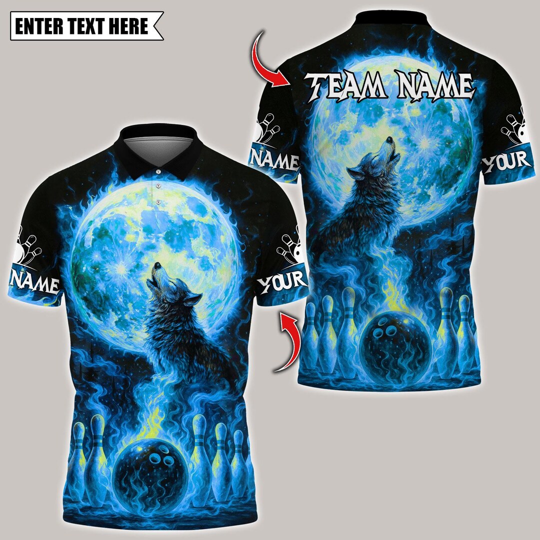 Custom Moon Wolf Bowling Polo Shirt, Flame Pattern With Pins Polo ...