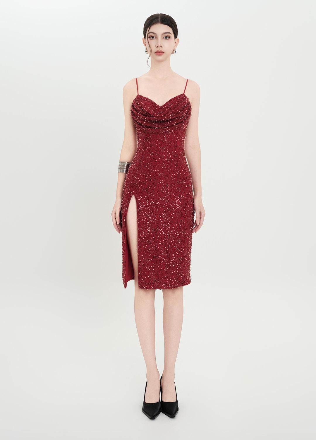 Glamorous Ruby Red Sequin Dress - Elegant Mid-length With Slit - Perfect for Evening Events and ...