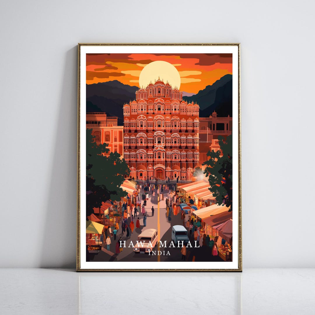 Jaipur Travel Poster - Hawa Mahal Wall Art, Vibrant Mid-century India ...