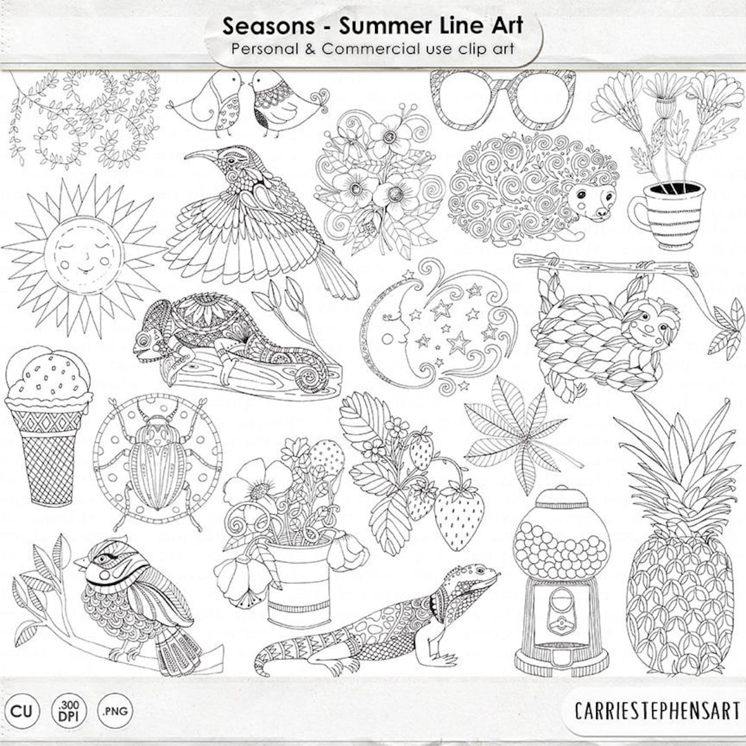Summer Line Art Bundle, Season's PNG Illustrations, Summer Clipart ...