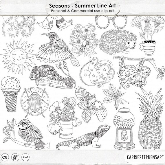 Summer Line Art Bundle, Season's PNG Illustrations, Summer ClipArt ...