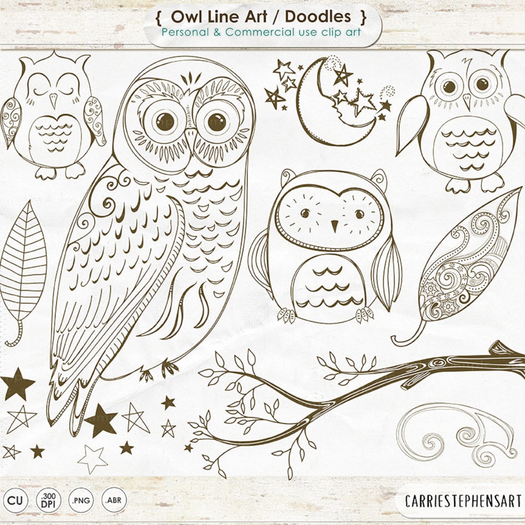 Owl Digital Stamp Outline, Cute Woodland Owl Line Art, PNG Doodle ...