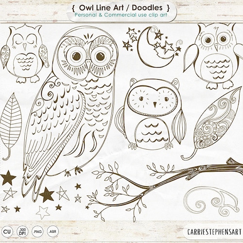 Owl Digital Stamp Outline Cute Woodland Owl Line Art PNG - Etsy