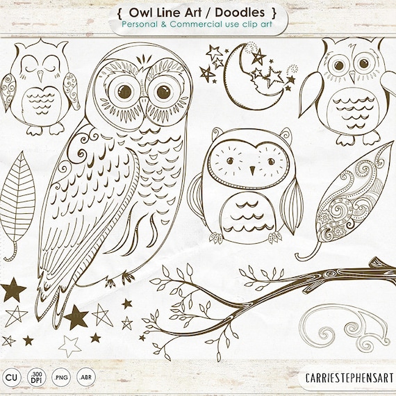 Owl Digital Stamp Outline, Cute Woodland Owl Line Art, PNG Doodle ...