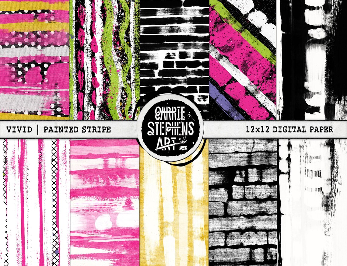Painted Stripe Digital Paper, Vivid Basics Scrapbook Background, Funky ...