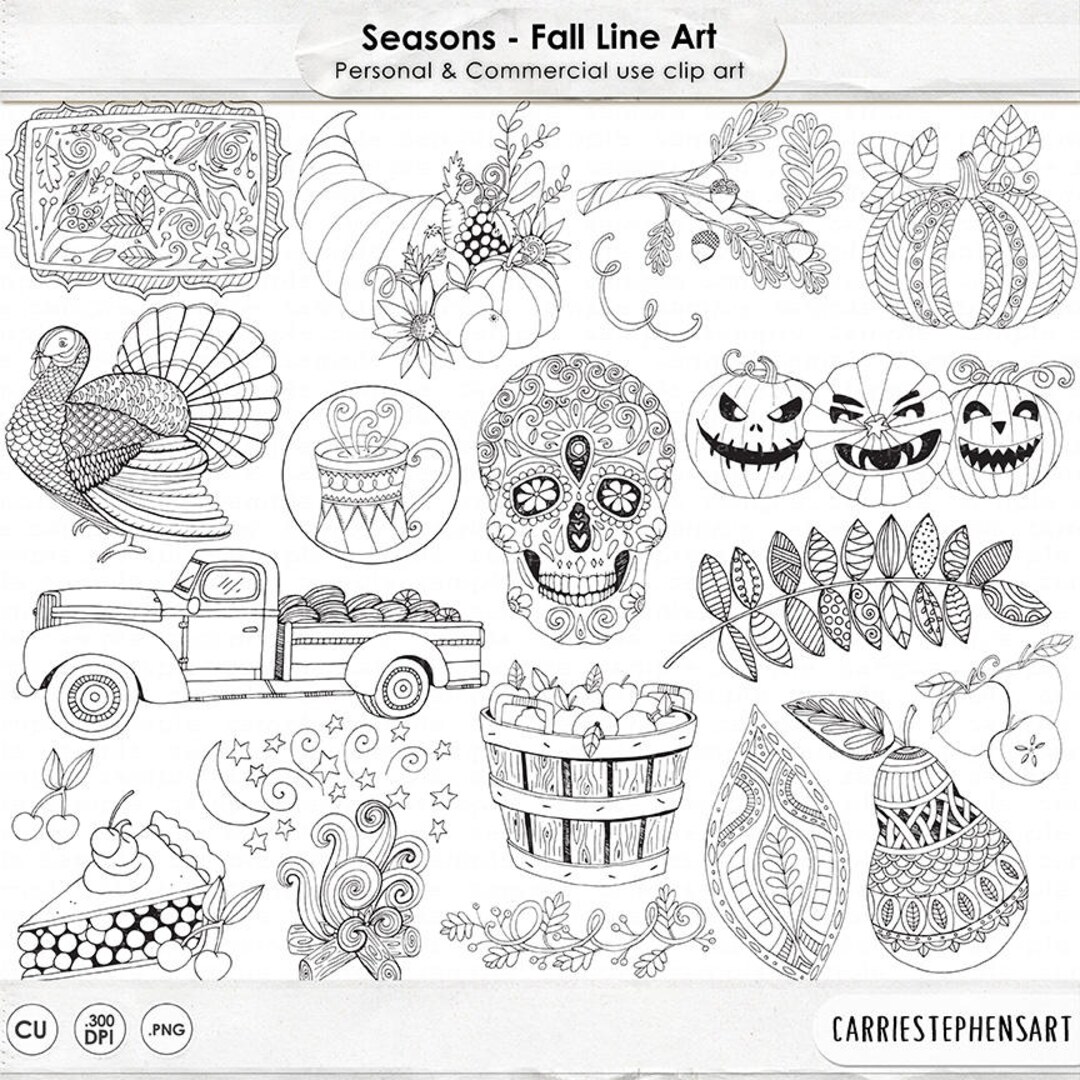 Halloween Clip Art, Fall Line Art Bundle, Thanksgiving Clipart, Digital ...
