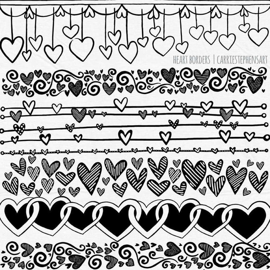 Line Heart Border Clipart, Heart Digital Stamps, Printable Border PNG ...