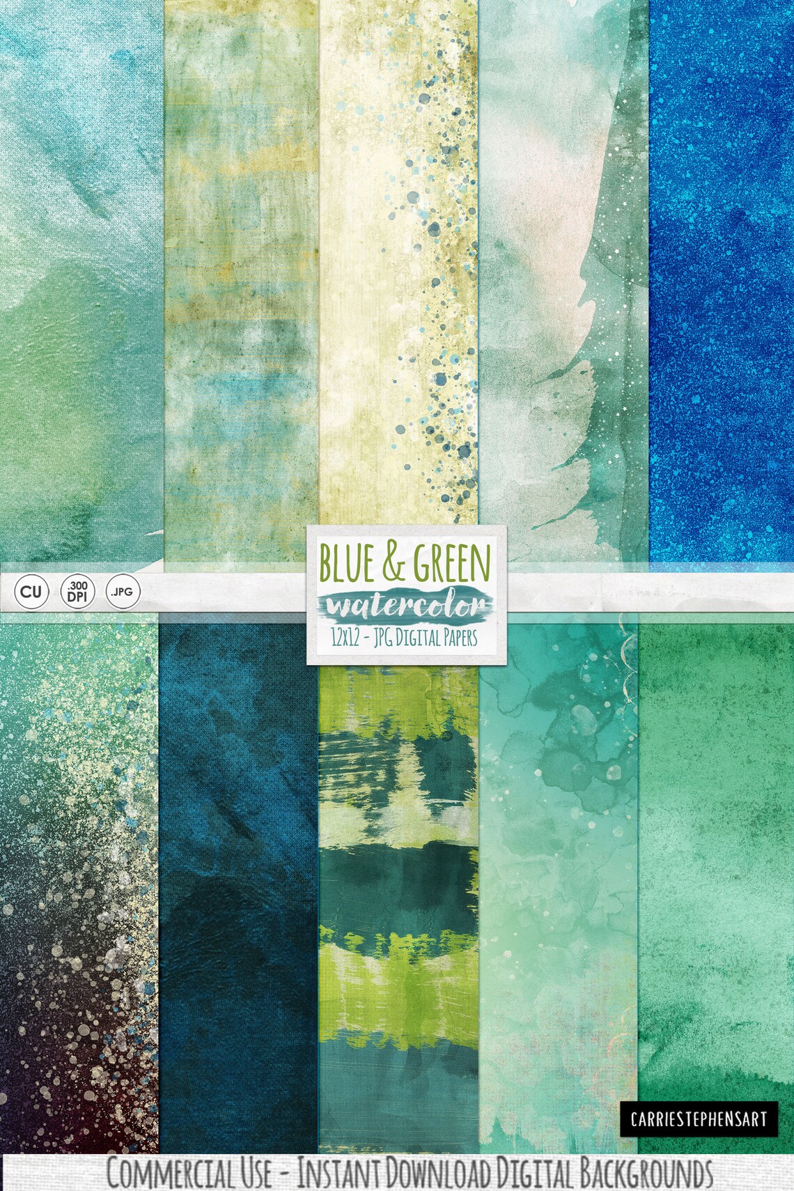 Blue & Green Watercolor Digital Paper, Aqua + Teal Background Paper ...