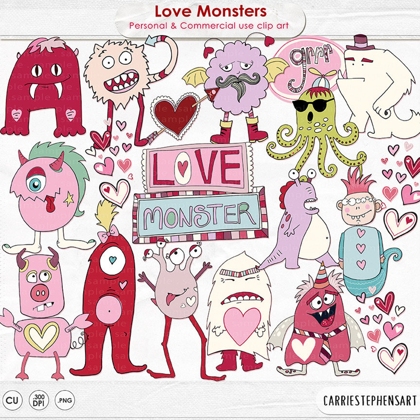Valentine LOVE Monster Clip Art Graphics Hand-drawn Kids - Etsy