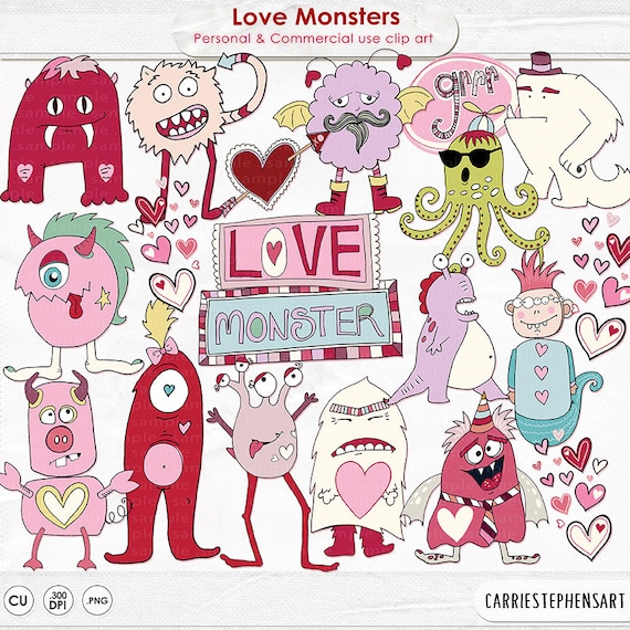 Valentine LOVE Monster Clip Art Graphics, Hand-Drawn Kids Digital Art ...