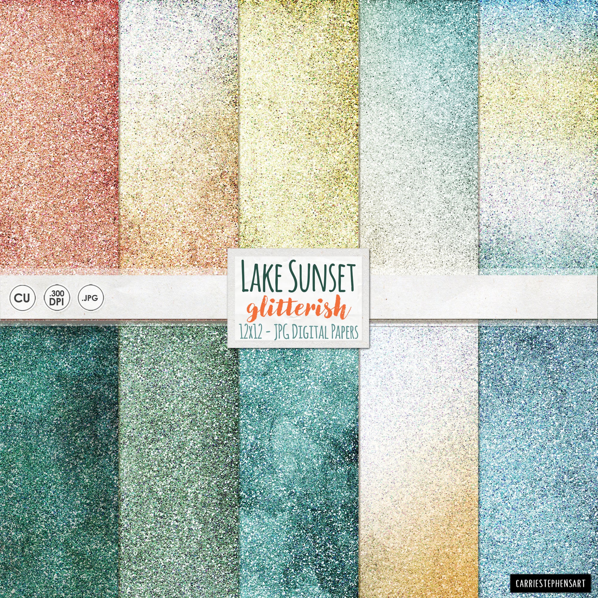 Lake Sunset Glitter Digital Paper Blue Green Yellow - Etsy