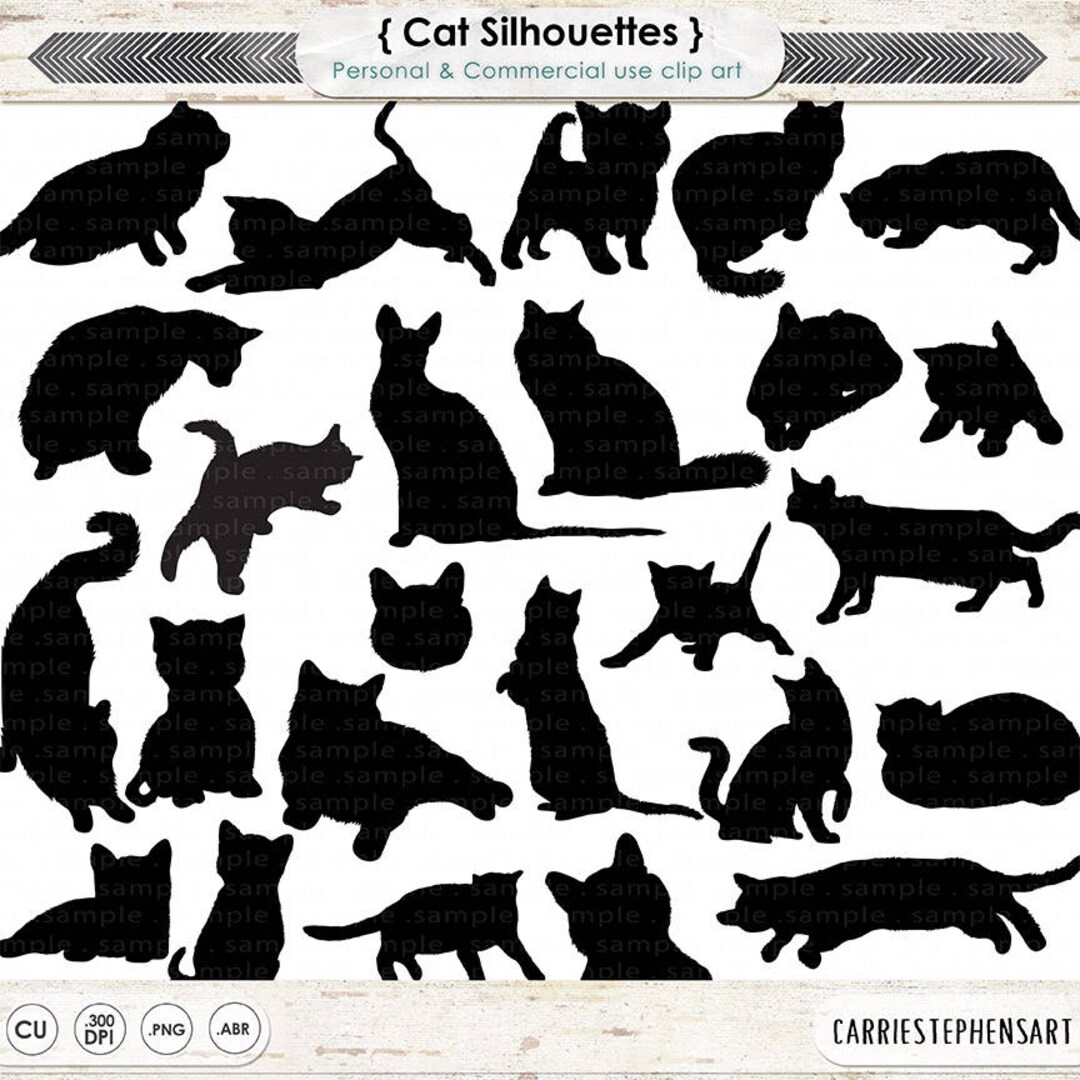 Cat Clip Art, Cat Silhouettes, Kitten Digital Stamps, Kitty Clipart PNG ...