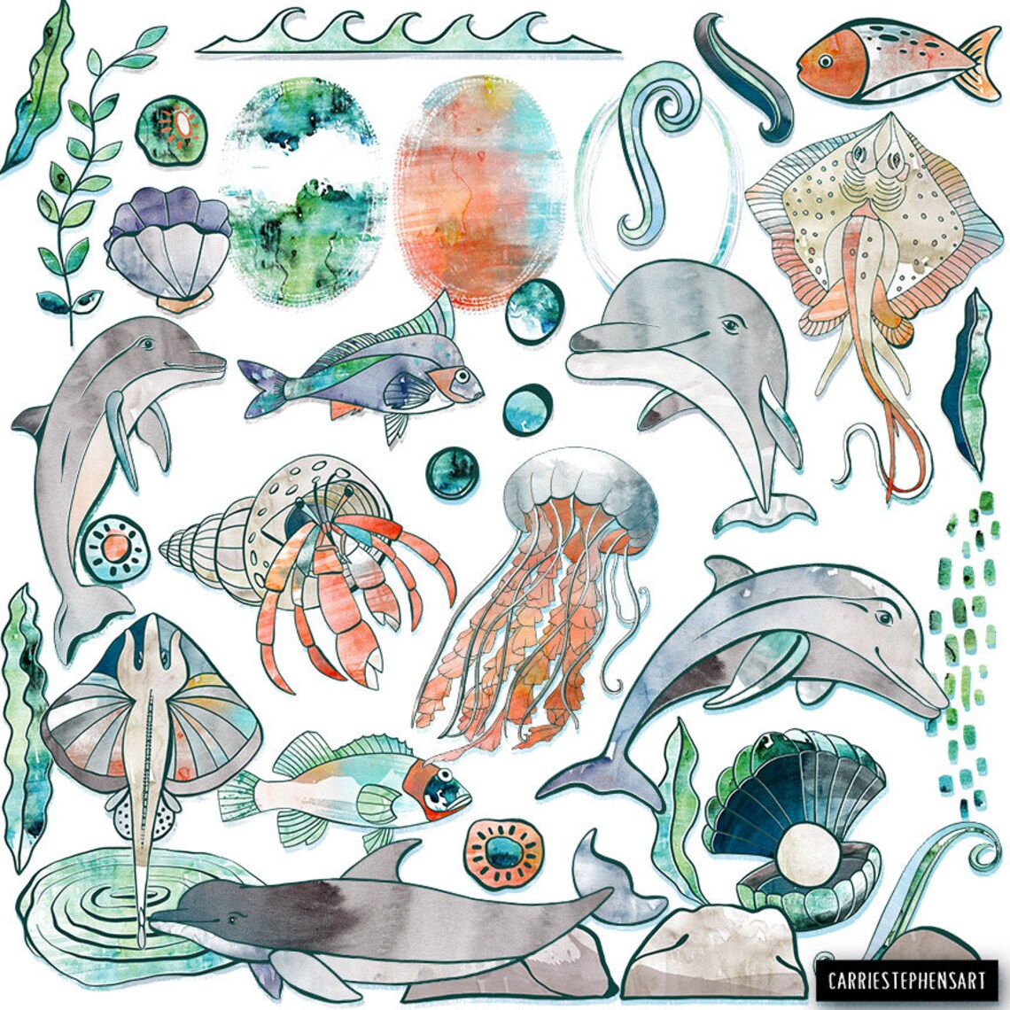 Watercolor Ocean Animal Clip Art, Dolphin Watercolor Clipart, Stingray ...