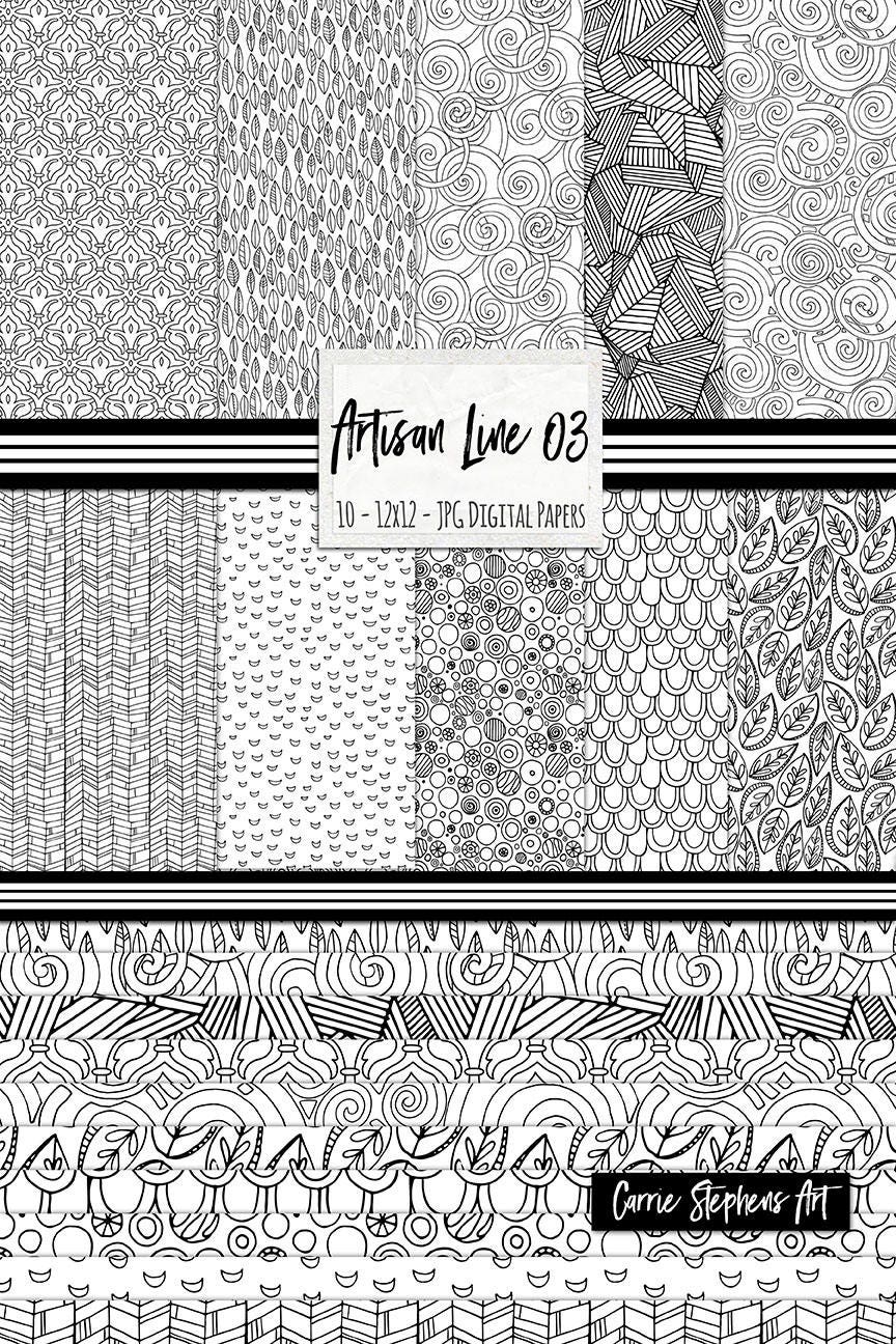 Modern Geometric Digital Paper, Black & White Line Doodle Pattern, Dots ...