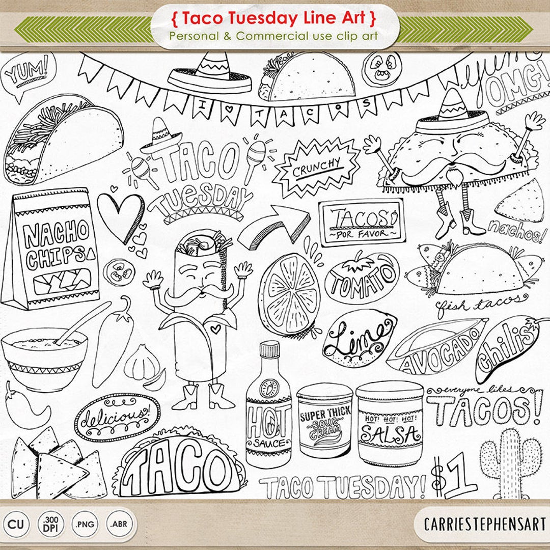Taco Tuesday Line Art, Cinco De Mayo Digital Graphics, Mexican Fiesta ...