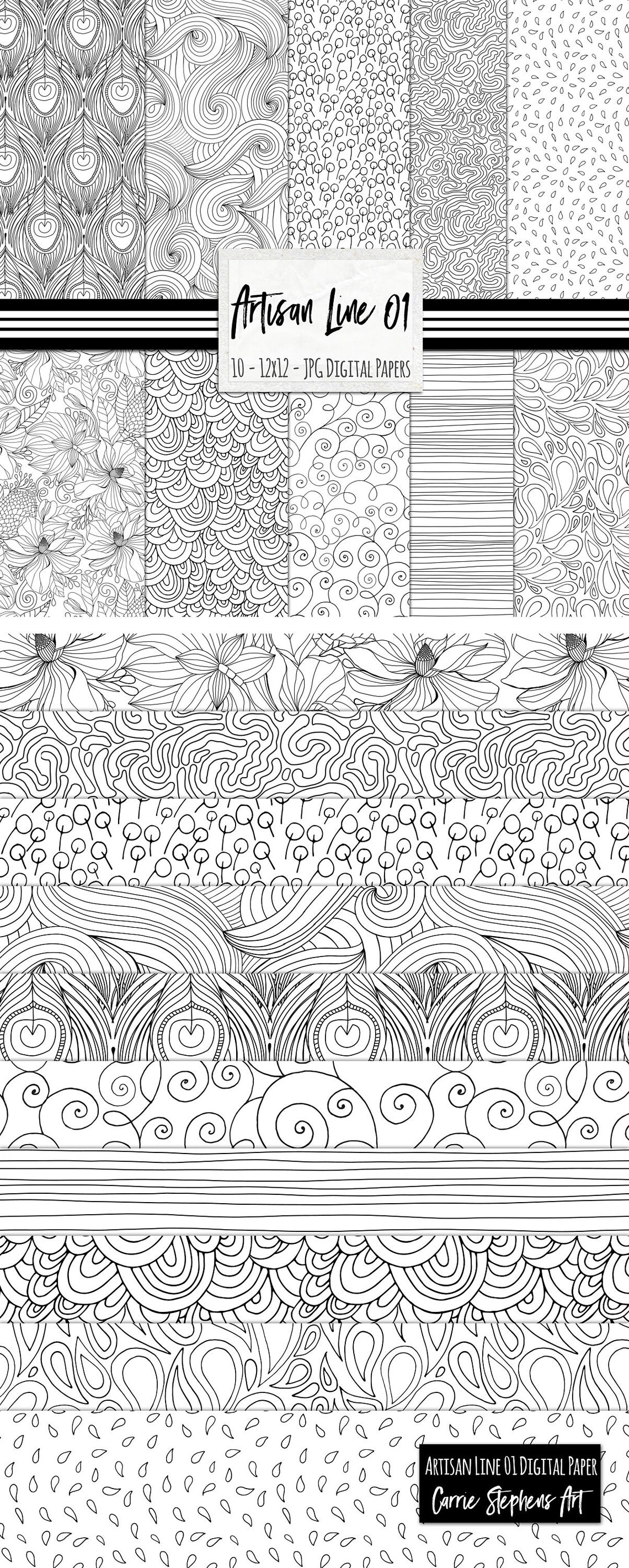 Black and White Pattern Digital Paper Hand Drawn Line | Etsy
