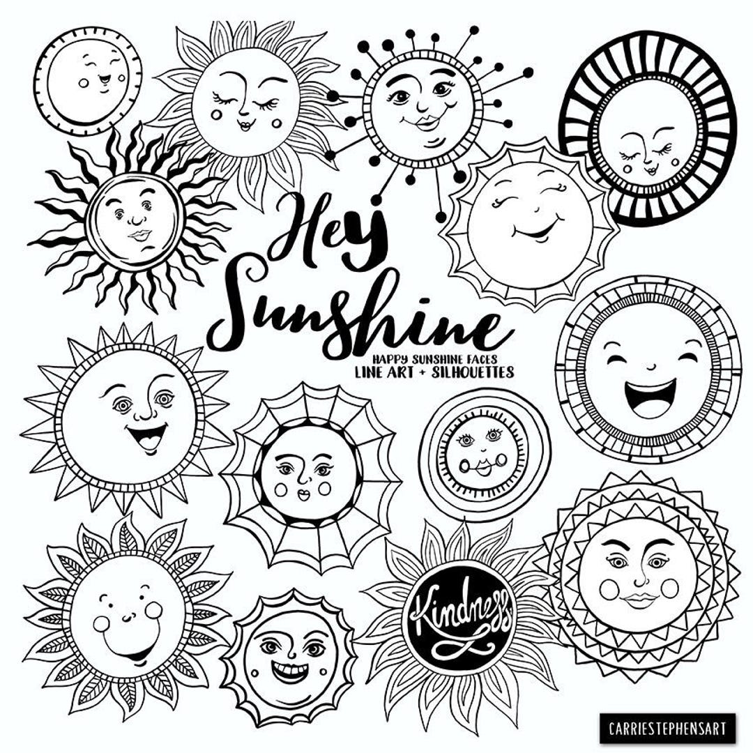 Sunshine Doodle Face Clipart, Summer Sun, Art Journal Digital Stamps ...