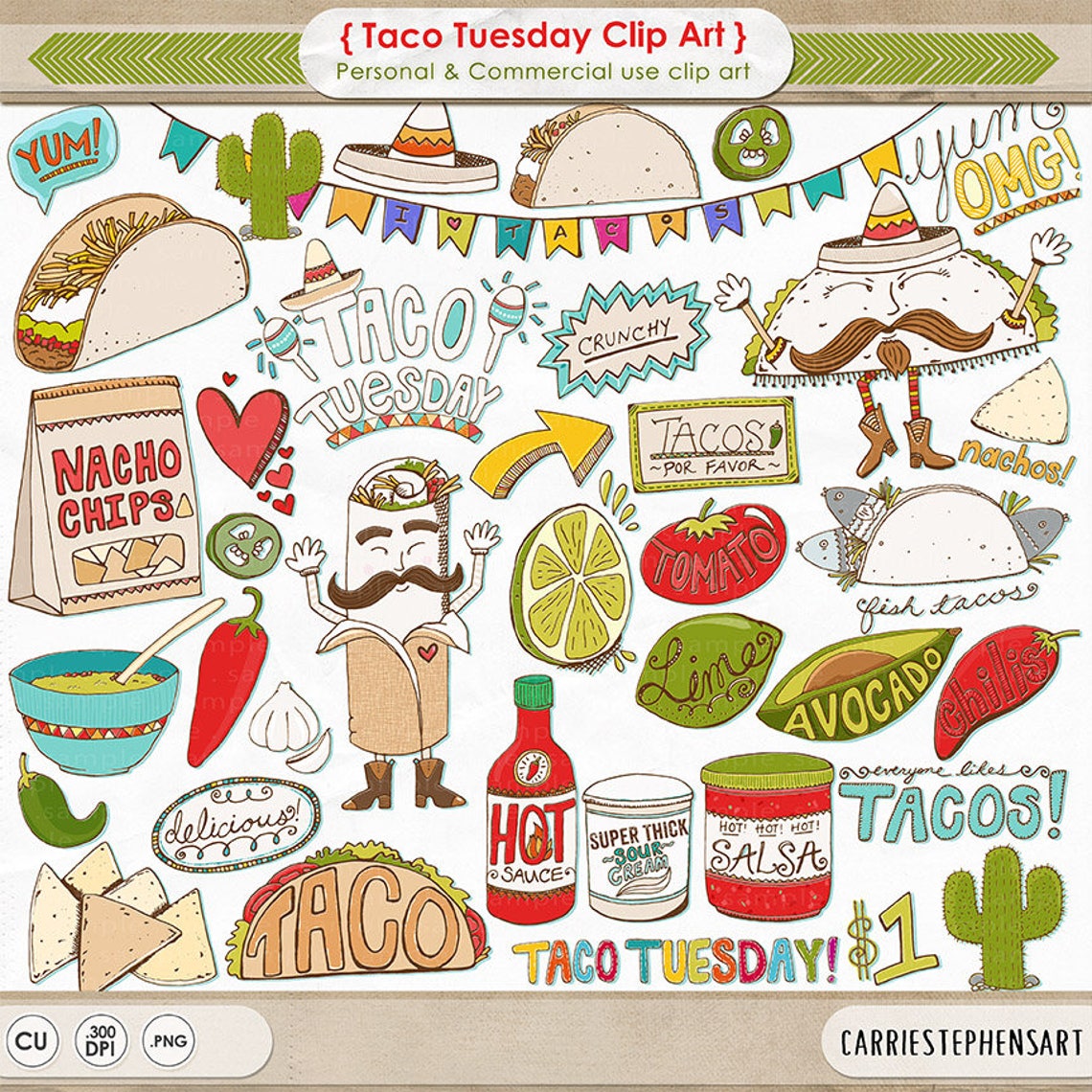 Taco Clip Art A Mexican Fiesta Taco Tuesday Theme Image Set - Etsy UK