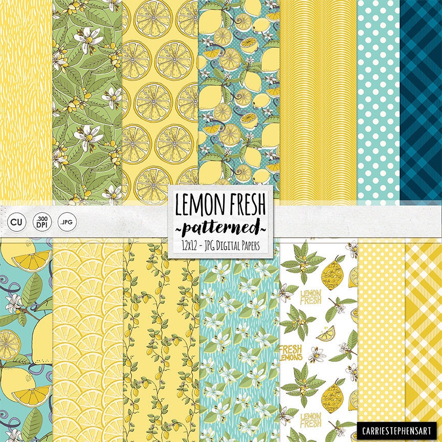 Lemon Digital Paper Blue Gingham Polkadot Yellow Patterned | Etsy