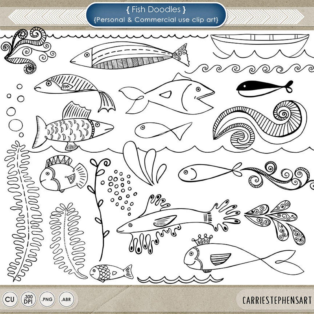 Fish Doodle Clipart, Nautical Digital Stamp Printable, Hand-drawn ...