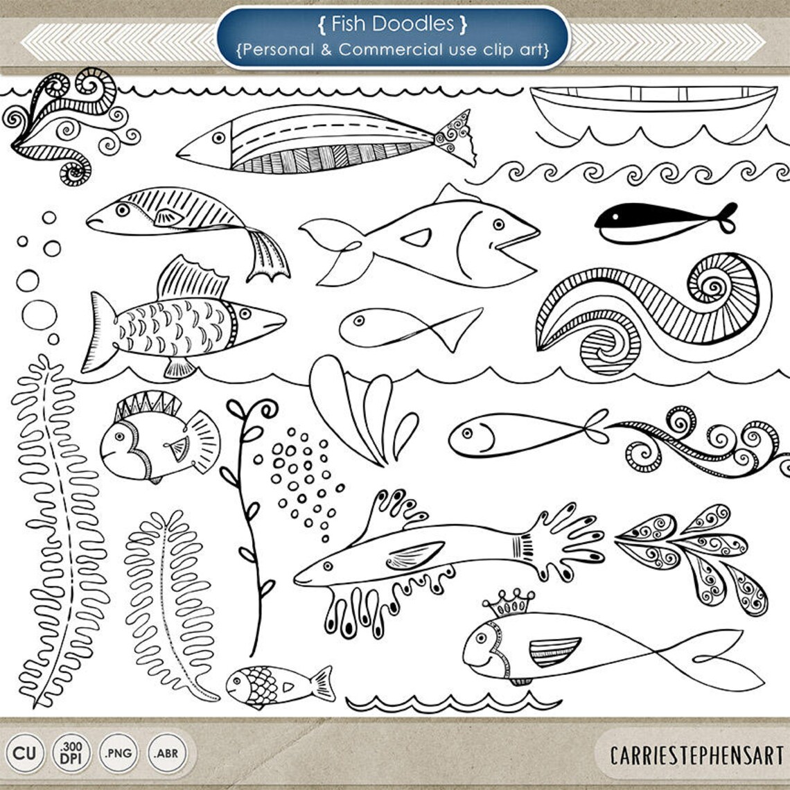 Fish Doodle Clipart Nautical Digital Stamp Printable - Etsy
