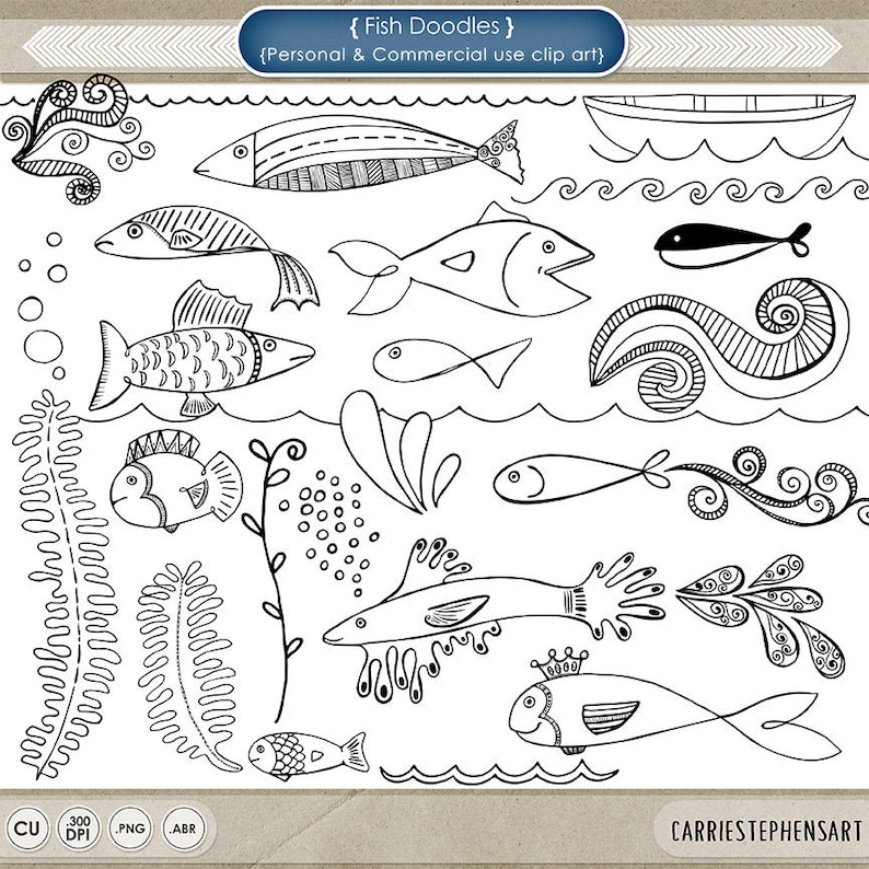 Fish Doodle Clipart Nautical Digital Stamp Printable - Etsy