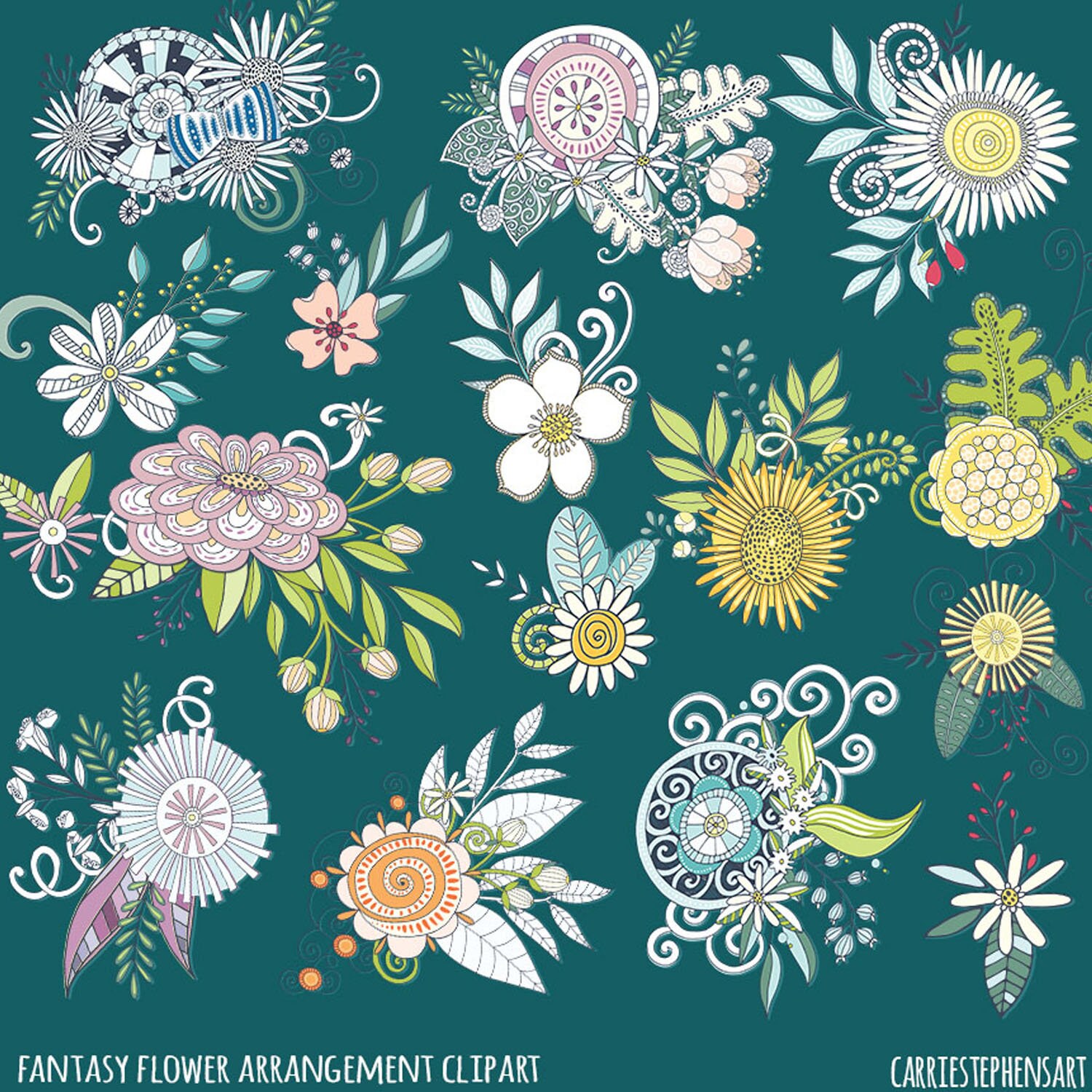 Whimsical Flower Clip Art Boho Floral Bouquets Arrangements | Etsy