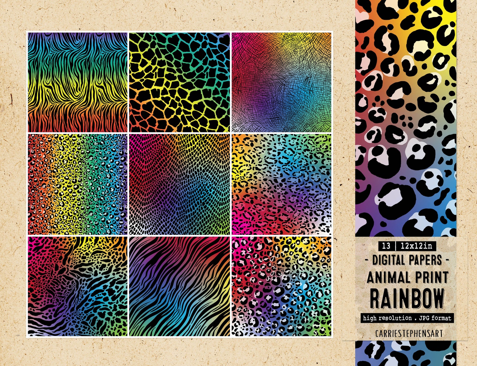 Wild Animal Print Digital Paper Exotic Rainbow Leopard | Etsy