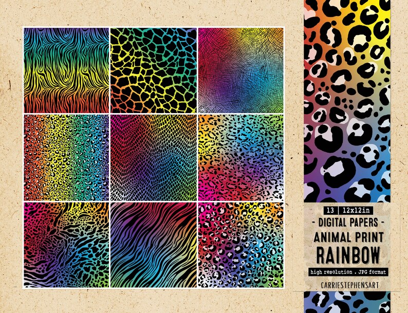 Wild Animal Print Digital Paper Exotic Rainbow Leopard | Etsy