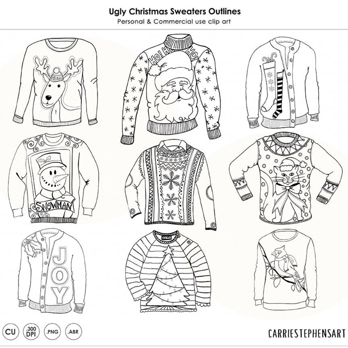 Ugly Sweater Clip Art, PNG Line Art Doodles, Christmas Coloring, Black ...
