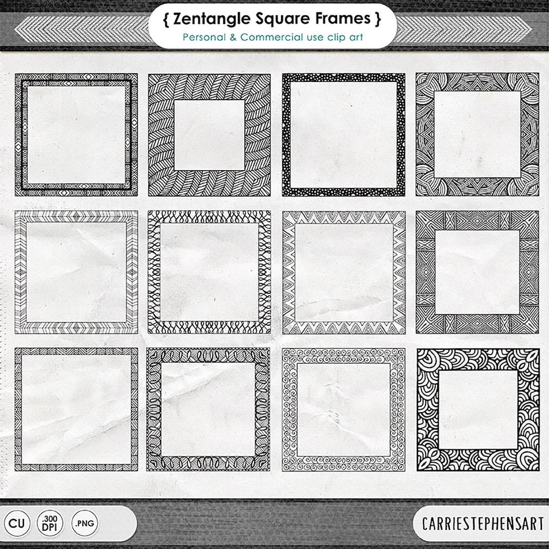 Square Zen Doodle Frame Clip Art Set With Intricate Geometric, Tribal ...