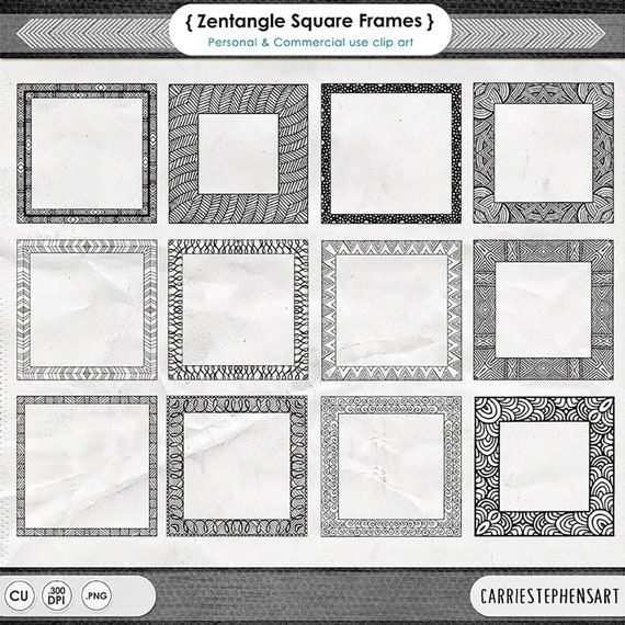 Square Zen Doodle Frame Clip Art Set with Intricate Geometric, Tribal ...