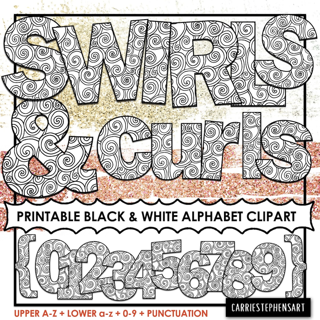 Swirls Alphabet Clip Art, Printable Bulletin Board Letters, Black ...
