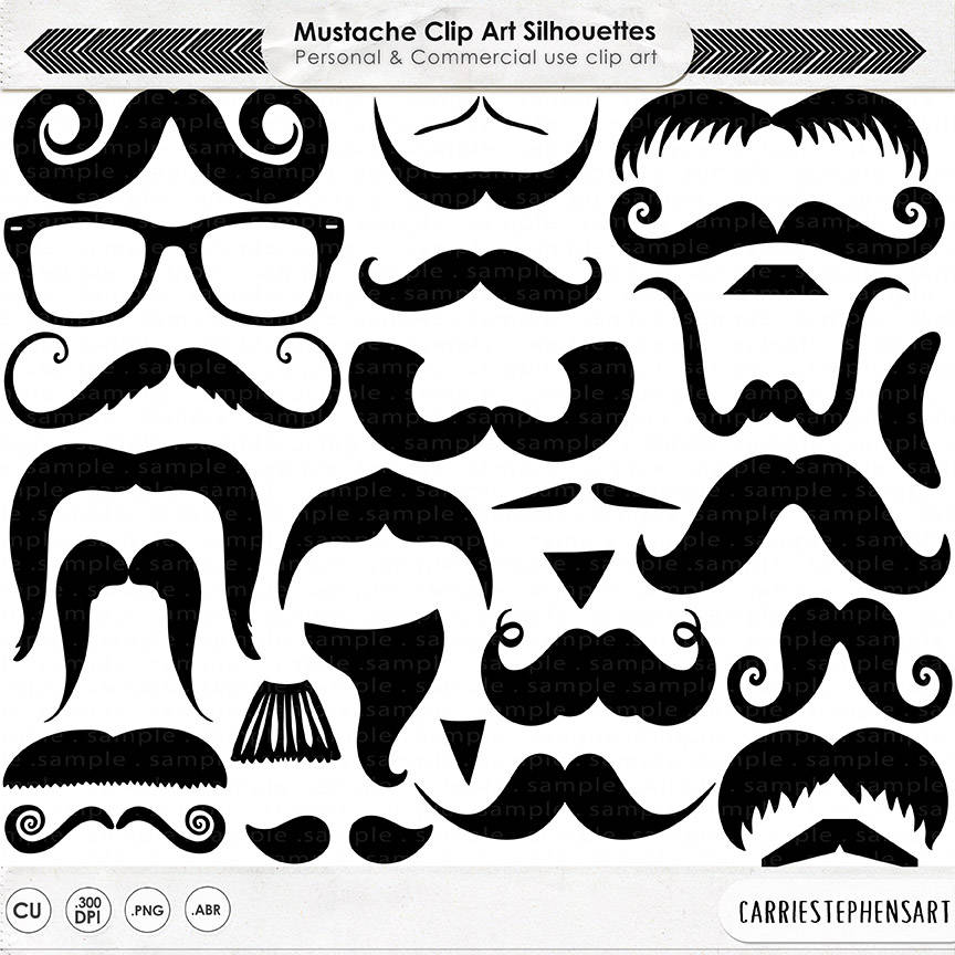 Mustache Clip Art, Moustache Clipart Silhouettes + Line Art, Masculine, Gentlemen, Hipster Party ...