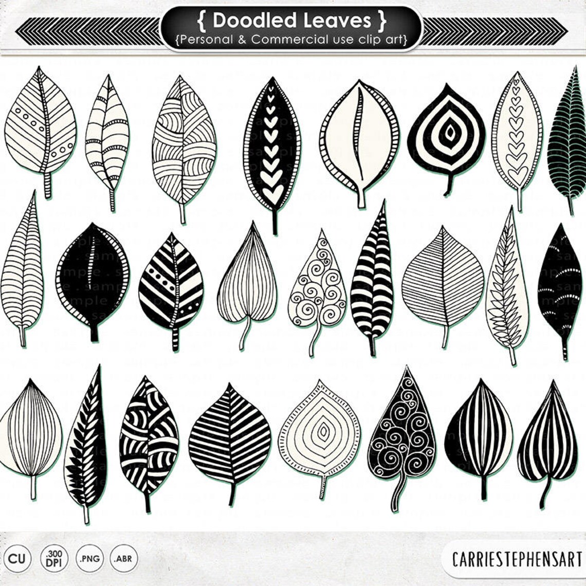 Doodled Leaves Clip Art PNG Leaf Digital Stamp Printable & | Etsy