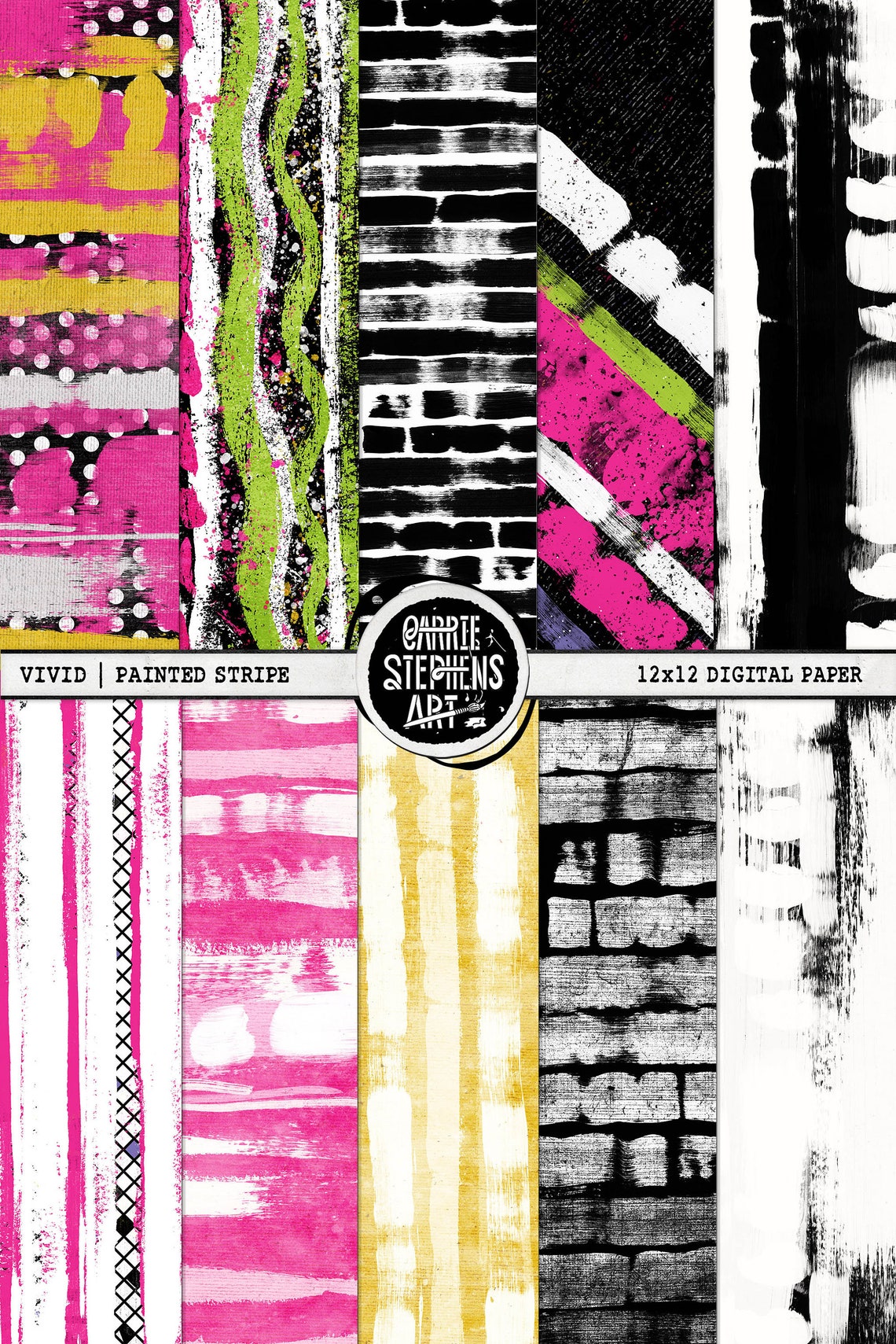 Painted Stripe Digital Paper, Vivid Basics Scrapbook Background, Funky ...