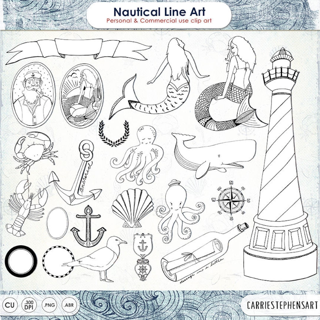 Nautical Digital Stamps, Mermaid Clip Art, Beach Wedding, Nautical ...