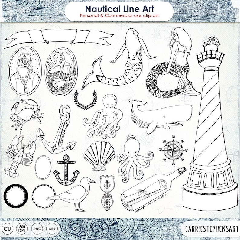 Nautical Digital Stamps, Mermaid Clip Art, Beach Wedding, Nautical ...
