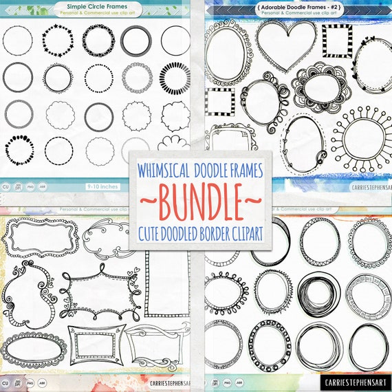 Whimsical Doodle Frames Bundle, Hand Drawn Label Clip Art, Digital ...