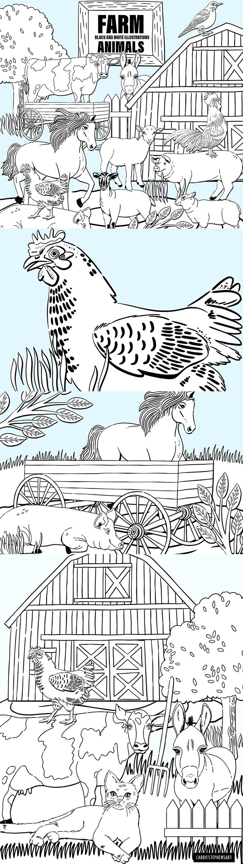 Farm Animal Line Art Images Cute Animal Clipart Hand-drawn - Etsy