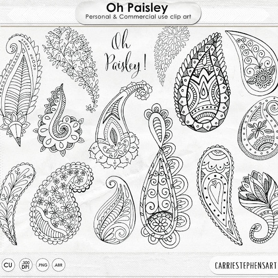 Boho ClipArt, Paisley Doodle & Black Line Art Digital Stamps ...
