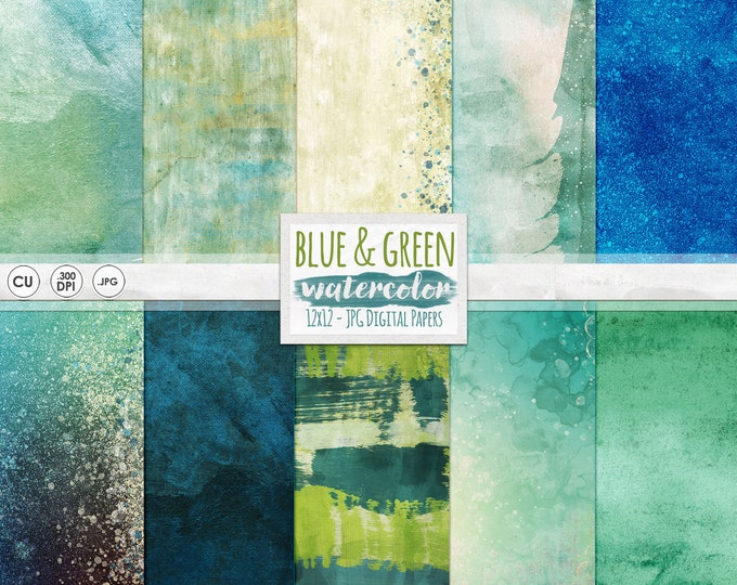 Blue & Green Watercolor Digital Paper Aqua Teal Background - Etsy