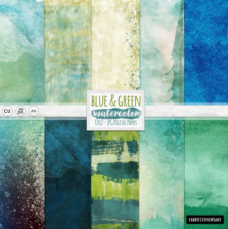 Blue & Green Watercolor Digital Paper, Aqua + Teal Background Paper ...