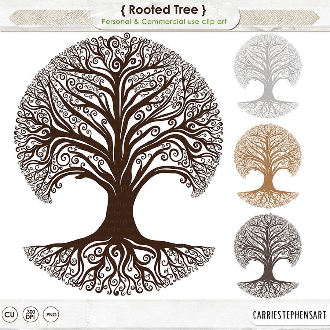 Rooted Tree Clip Art, Family Tree Silhouette, Whimsical Tree Clipart ...