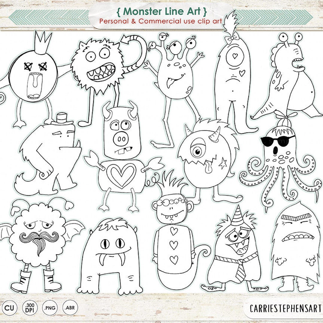 Monster Digital Stamps. PNG Black Line Art, Silly Monster Doodles ...